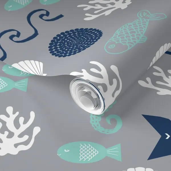Spoonflower Blue Nautical Ocean Shark Whale Fish Mint Grey Traditional Wallpaper - Gray,blue,white
