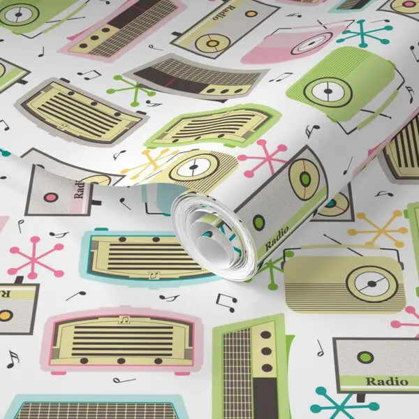 Spoonflower Vintage Retro Whimsical Music Geek Fifties Sound Traditional Wallpaper - Gray,green,teal