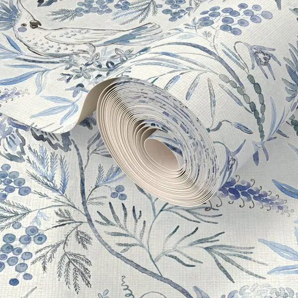 Spoonflower Cockatoos Cozy Cottage Porcelain Small 100% Natural Sisal Grasscloth Wallcovering - Blue