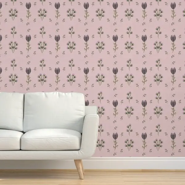 Spoonflower Lavender Florals On 100% Natural Sisal Grasscloth Wallcovering