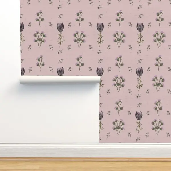 Spoonflower Lavender Florals On 100% Natural Sisal Grasscloth Wallcovering