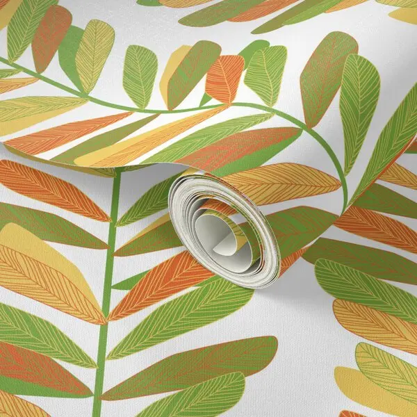 Spoonflower Branches Gold Mod Modern Tangerine Avocado Leaves Custom Pre-pasted Wallpaper - Green,orange,gray