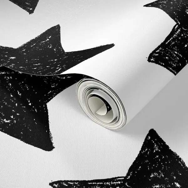 Spoonflower Star Night Hero Black White Gender Neutral Stars Custom Pre-pasted Wallpaper - Black,white,gray
