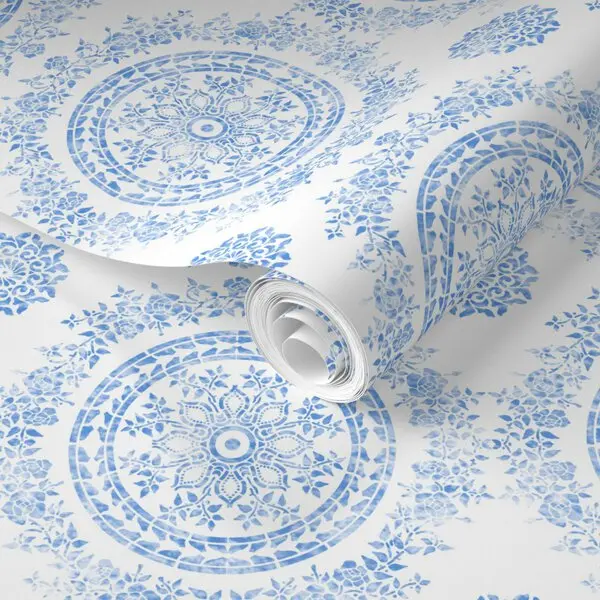 Spoonflower Roses Damask And White Delft Custom Pre-pasted Wallpaper