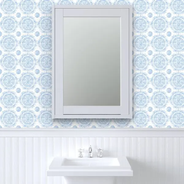 Spoonflower Roses Damask And White Delft Custom Pre-pasted Wallpaper