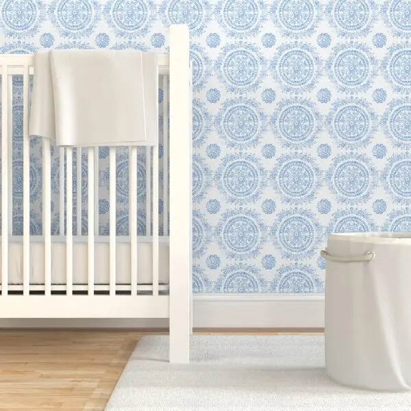 Spoonflower Roses Damask And White Delft Custom Pre-pasted Wallpaper