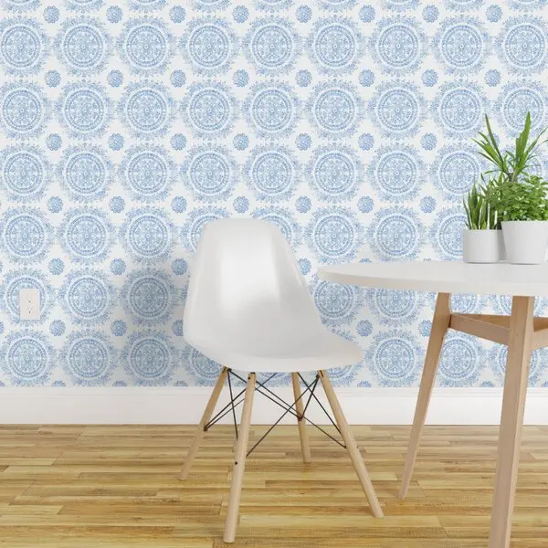 Spoonflower Roses Damask And White Delft Custom Pre-pasted Wallpaper
