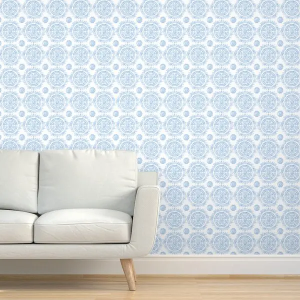 Spoonflower Roses Damask And White Delft Custom Pre-pasted Wallpaper