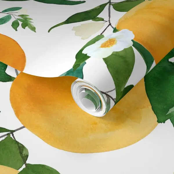Spoonflower Oranges And Leaves On White Custom Pre-pasted Wallpaper - Green,sage,brown