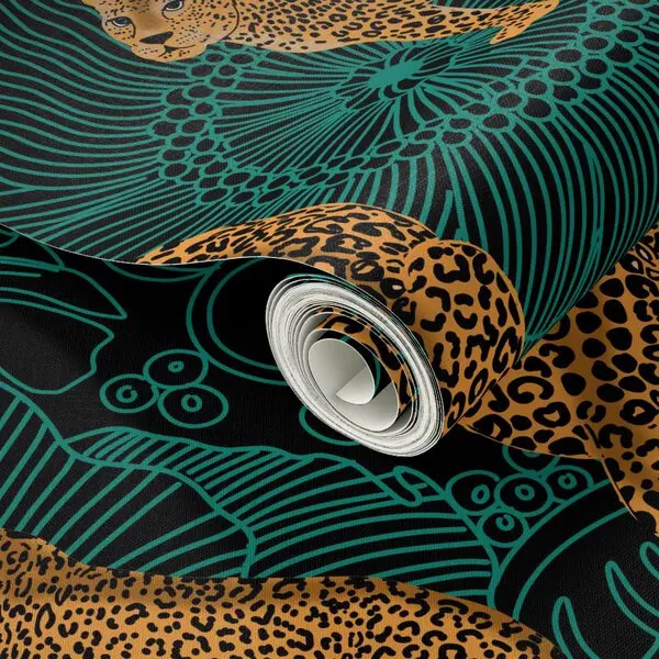 Spoonflower Black Green Animal Africa Leopard Cheetah Tiger Custom Pre-pasted Wallpaper - Black,green