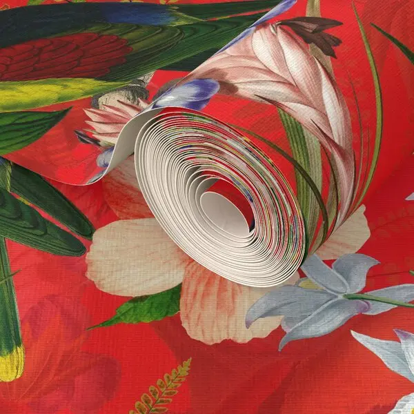 Spoonflower Summer Flowers Birds Of Paradise Antique Floral 100% Natural Sisal Grasscloth Wallcovering - Red