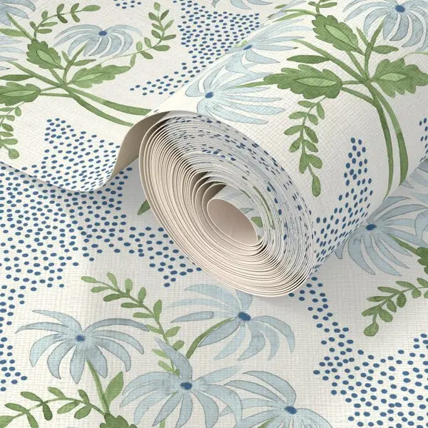 Spoonflower Pearl's Bouquet Blue And 100% Natural Sisal Grasscloth Wallcovering - Green