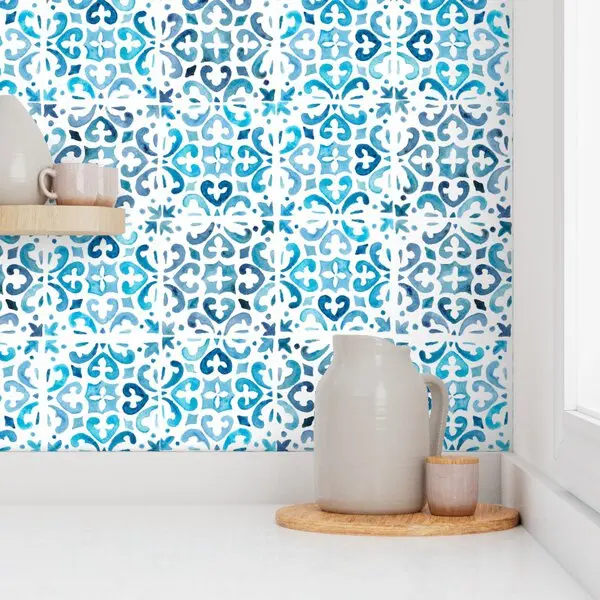 Spoonflower Mosaic Moroccan Tile Trendy Bohemian Painted Traditional Wallpaper