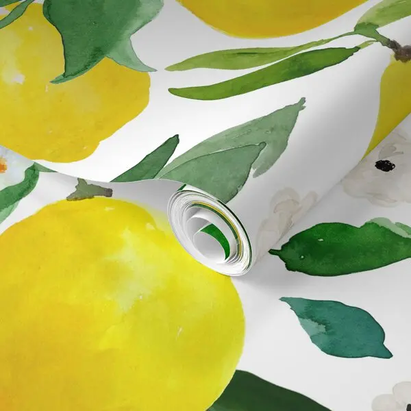 Spoonflower Lemons Leaves On White Custom Pre-pasted Wallpaper - Green,sage,brown
