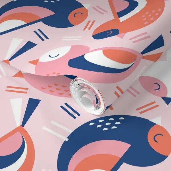 Spoonflower Birds Feather Bird Pink White Orange Geometric Traditional Wallpaper - Pink,blue,coral