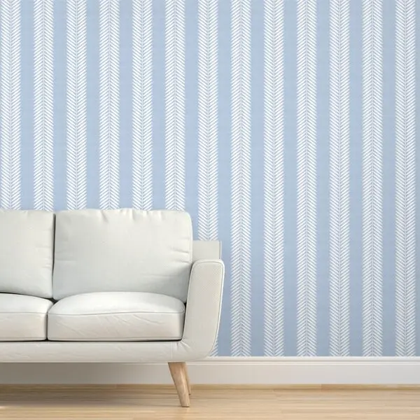 Spoonflower Pastel Garden Stripe Cornflower And 100% Natural Sisal Grasscloth Wallcovering