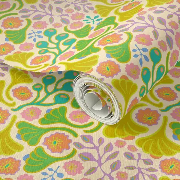 Spoonflower Pink Vintage Green Yellow Floral Retro Custom Removable Wallpaper - Beige,green,brown