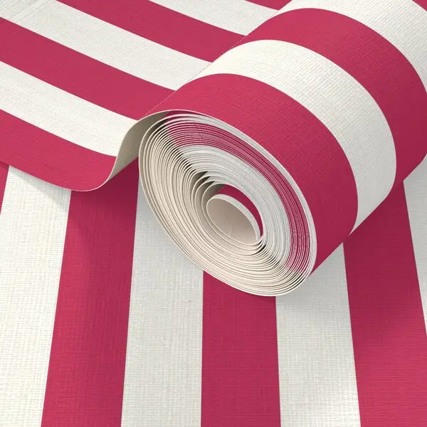 Spoonflower Raspberry Awning Stripe Pattern Vertical In White 100% Natural Sisal Grasscloth Wallcovering - Pink,white,red