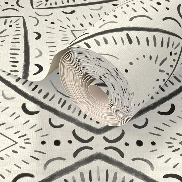 Spoonflower Black And White Cream Hand-drawn Line Drawing 100% Natural Sisal Grasscloth Wallcovering - Black,white