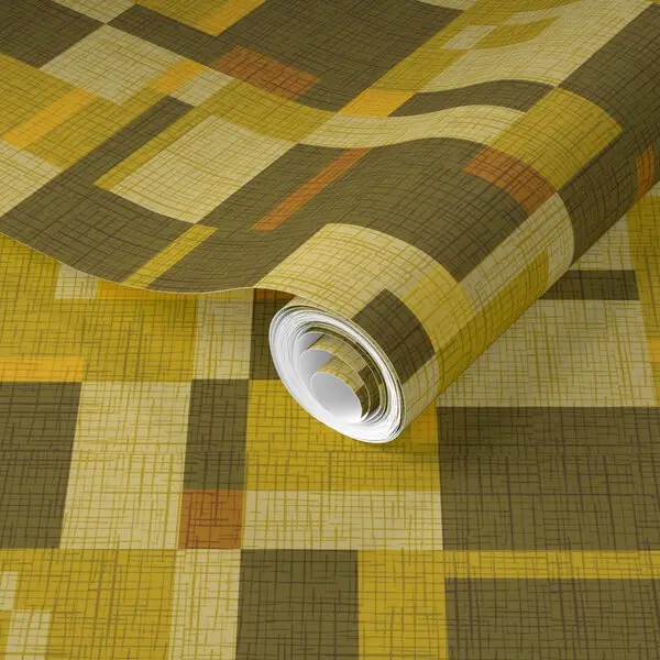 Spoonflower Gold Geometric Squares Texture Olive Green Mid Custom Pre-pasted Wallpaper - Yellow,green