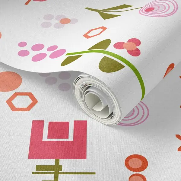 Spoonflower Mid Century Modern Floral Collage Pinks Pink Traditional Wallpaper - Pink,purple,white