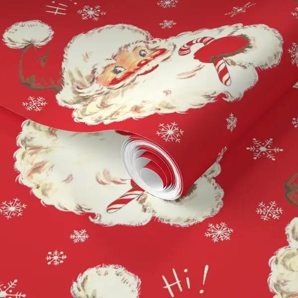 Spoonflower Christmas Red Vintage Santa Cotton Holiday Kitsch Custom Pre-pasted Wallpaper - Red,white,beige