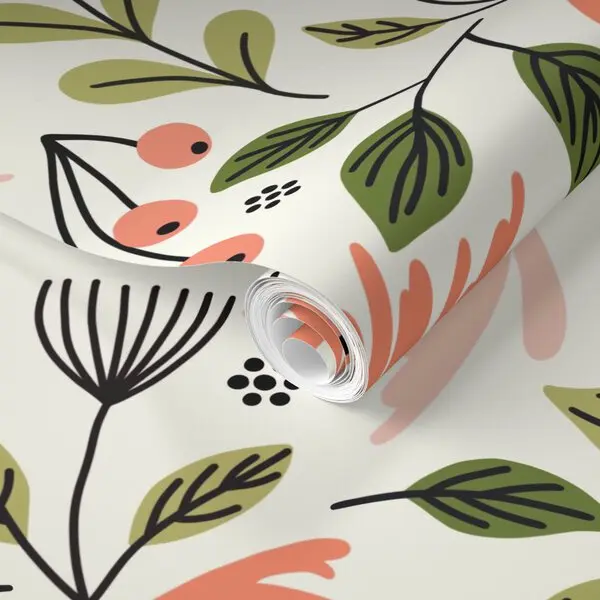 Spoonflower Ditsy Modern Floral Pink Green Cream Large Garden Traditional Wallpaper - Pink,green,brown