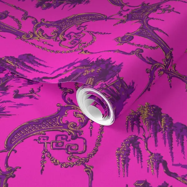 Spoonflower Pink Asian Punk Purple Antique Victorian Damask Custom Pre-pasted Wallpaper - Pink,purple,red