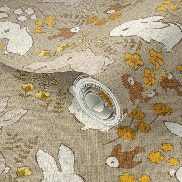 Spoonflower Bunnies Springtime Vintage Easter Soft Grey Spring Custom Pre-pasted Wallpaper - Brown,beige,yellow