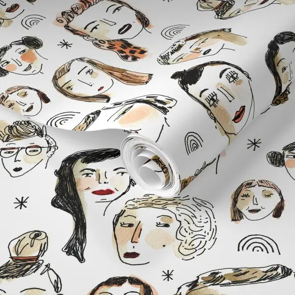 Spoonflower Faces Hand Drawn Illustration Ladies Female Custom Pre-pasted Wallpaper - Gray,brown