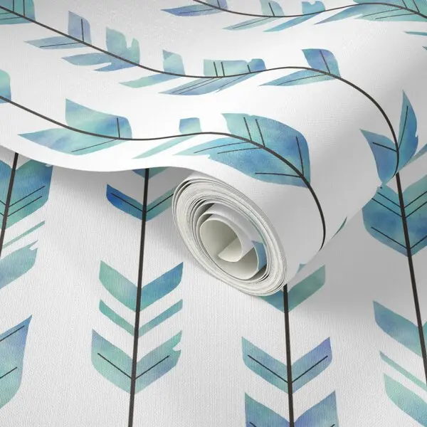 Spoonflower Blue Teal Mint Feather Watercolor Traditional Wallpaper