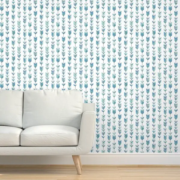 Spoonflower Blue Teal Mint Feather Watercolor Traditional Wallpaper