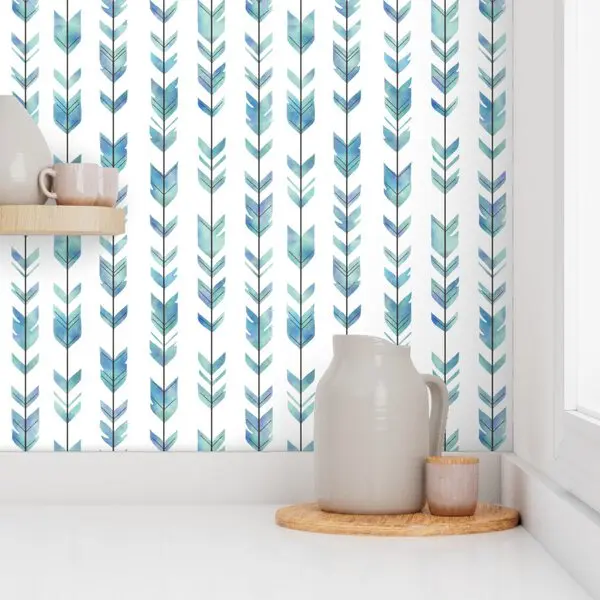 Spoonflower Blue Teal Mint Feather Watercolor Traditional Wallpaper