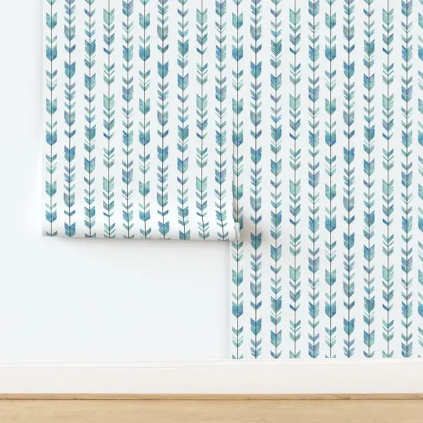 Spoonflower Blue Teal Mint Feather Watercolor Traditional Wallpaper