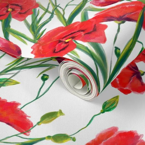 Spoonflower Vintage Floral Botanical Watercolor Poppies Spring Custom Removable Wallpaper - Red,green,gray