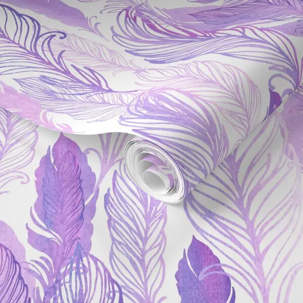 Spoonflower Violet Watercolor Feathers Feather Style Boho Custom Pre-pasted Wallpaper - Purple,violet
