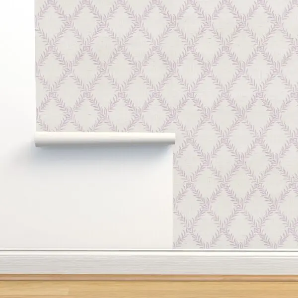 Spoonflower Leafy Trellis Lilac On White 100% Natural Sisal Grasscloth Wallcovering - Purple,white