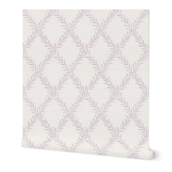 Spoonflower Leafy Trellis Lilac On White 100% Natural Sisal Grasscloth Wallcovering - Purple,white