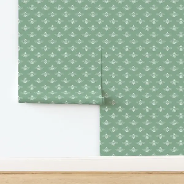 Spoonflower Modern Classic Bee Line Art Honey Custom Pre-pasted Wallpaper - Green