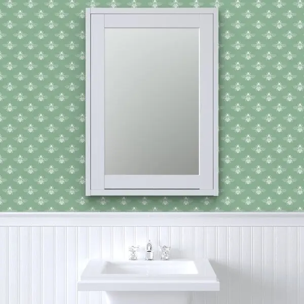 Spoonflower Modern Classic Bee Line Art Honey Custom Pre-pasted Wallpaper - Green
