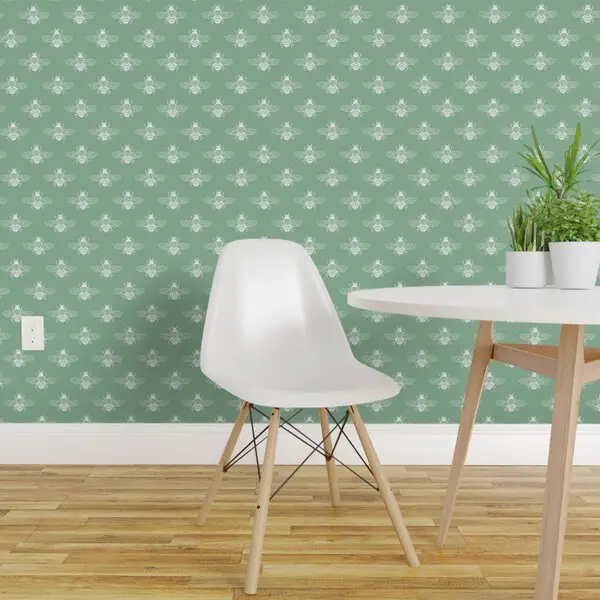 Spoonflower Modern Classic Bee Line Art Honey Custom Pre-pasted Wallpaper - Green