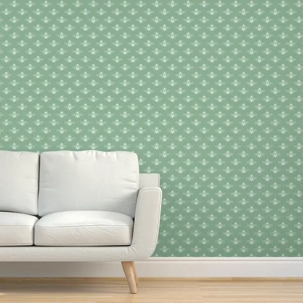 Spoonflower Modern Classic Bee Line Art Honey Custom Pre-pasted Wallpaper - Green