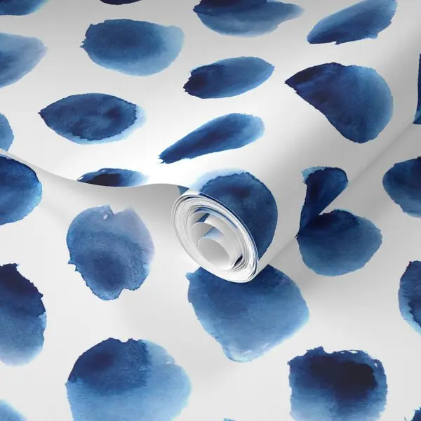 Spoonflower Watercolor Polka Dots Circles Shapes Painted Custom Pre-pasted Wallpaper - Blue