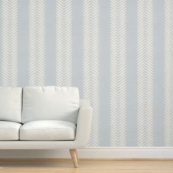 Spoonflower Laurel Leaf Stripe Soft Blue 100% Natural Sisal Grasscloth Wallcovering - Blue,white