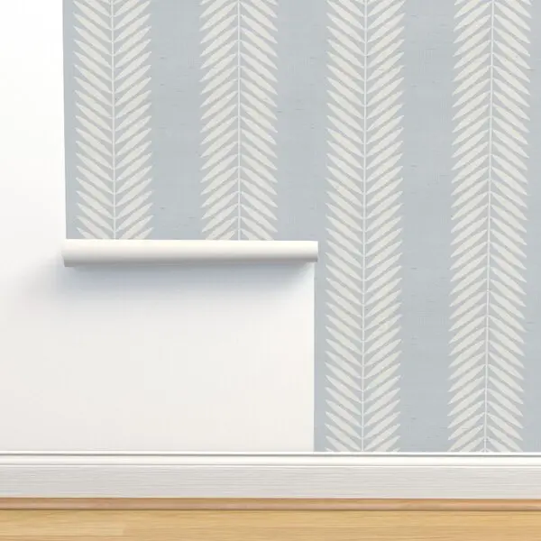 Spoonflower Laurel Leaf Stripe Soft Blue 100% Natural Sisal Grasscloth Wallcovering - Blue,white