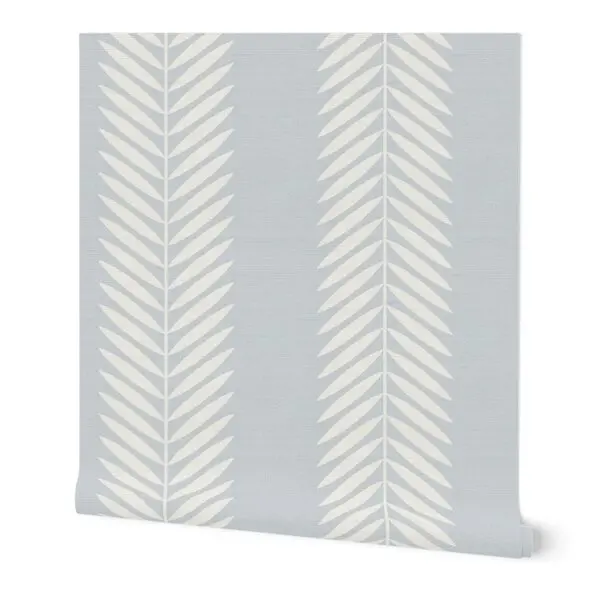 Spoonflower Laurel Leaf Stripe Soft Blue 100% Natural Sisal Grasscloth Wallcovering - Blue,white