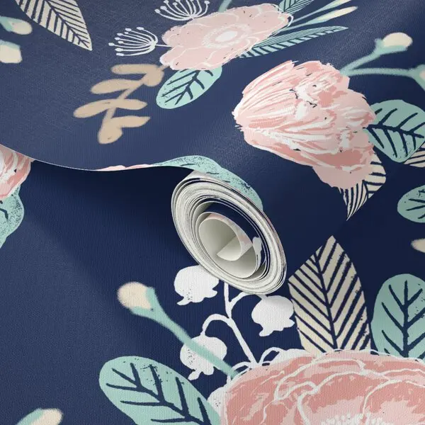 Spoonflower Florals Navy Blue Blush Pink Taupe Floral Painted Custom Removable Wallpaper - Blue,gray