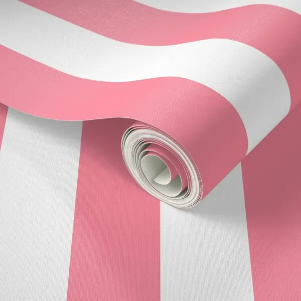 Spoonflower Stripes Striped Vertical Pink Pretty Ff8c9e Custom Pre-pasted Wallpaper - Pink,white