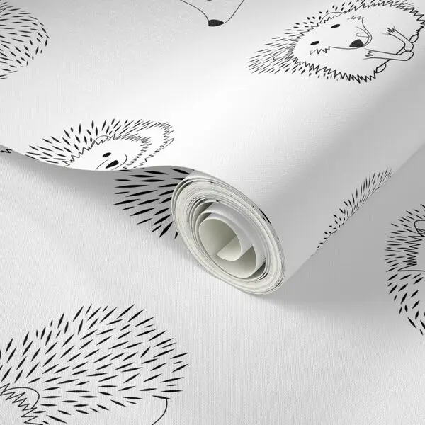 Spoonflower Black And White Animals Hedgehog Hand Drawn Custom Pre-pasted Wallpaper - Black,white,gray