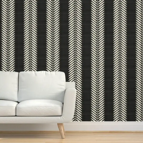 Spoonflower Laurel Leaf Stripe Cream On Black 100% Natural Sisal Grasscloth Wallcovering - Beige,cream